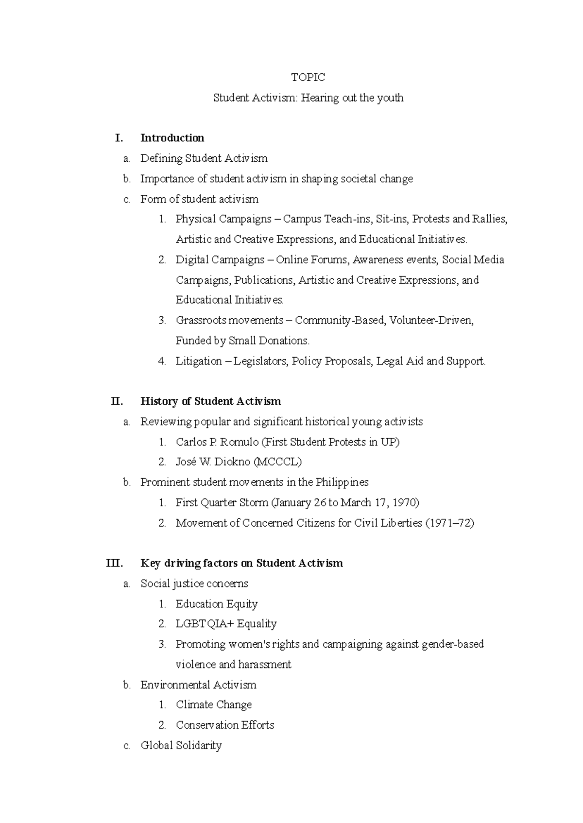Student Activism: Comprehensive Topic Outline and Key Factors - Studocu