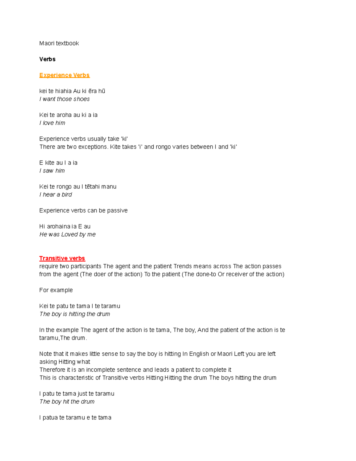 Maori 101: Experience and Transitive Verbs Conjugation Guide - Studocu
