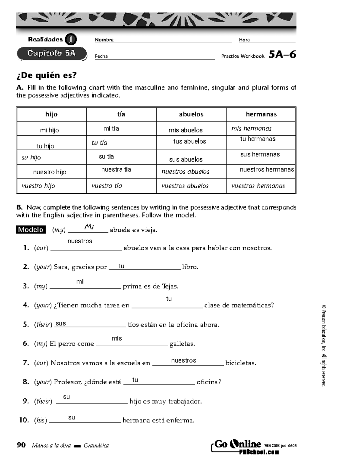 Spanish I Practice Workbook: Possessive Adjectives 5A–6 - Studocu
