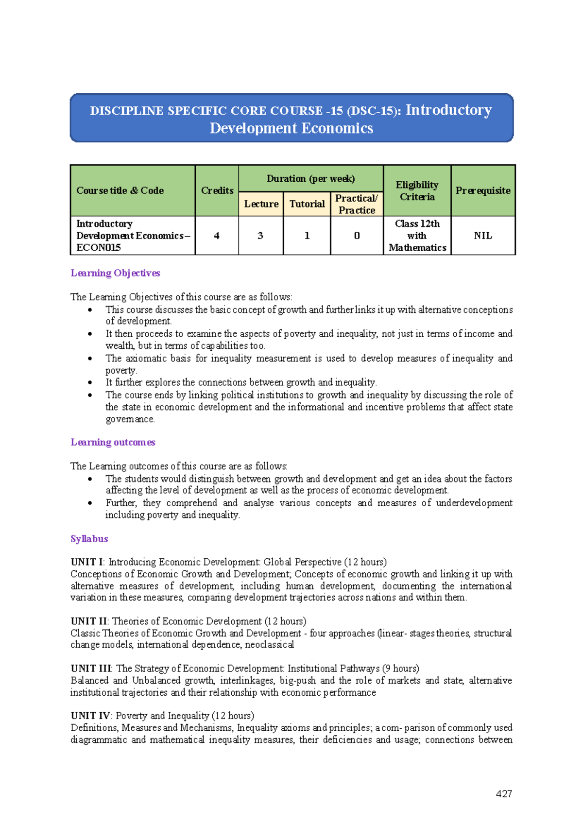 ECON015: Introductory Development Economics Syllabus - SEM 5 - Studocu