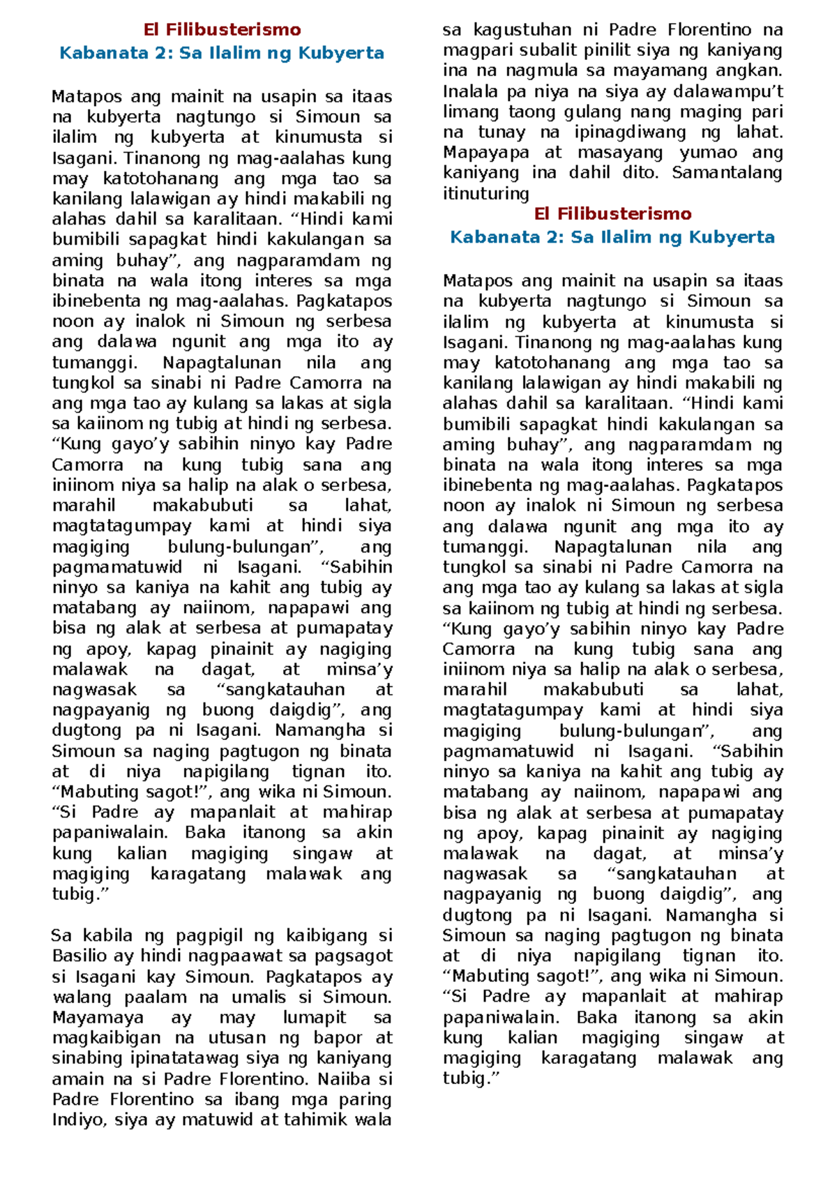 Kabanata II: Sa Ilalim ng Kubyerta - Buod ng El Filibusterismo - Studocu
