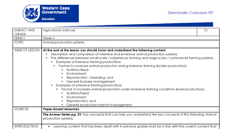 ASci Grade 12 Term 1 Week 6: Animal Production Systems Overview - Studocu