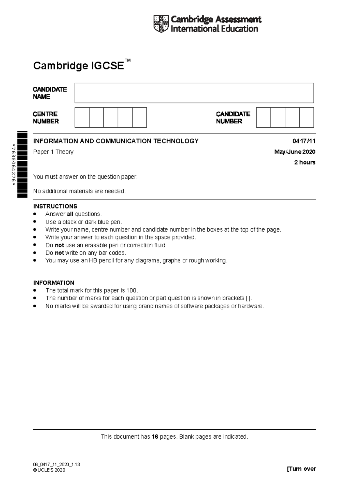 Cambridge IGCSE ICT 0417/11 Theory Paper 1 Past Exam 2020 - Studocu