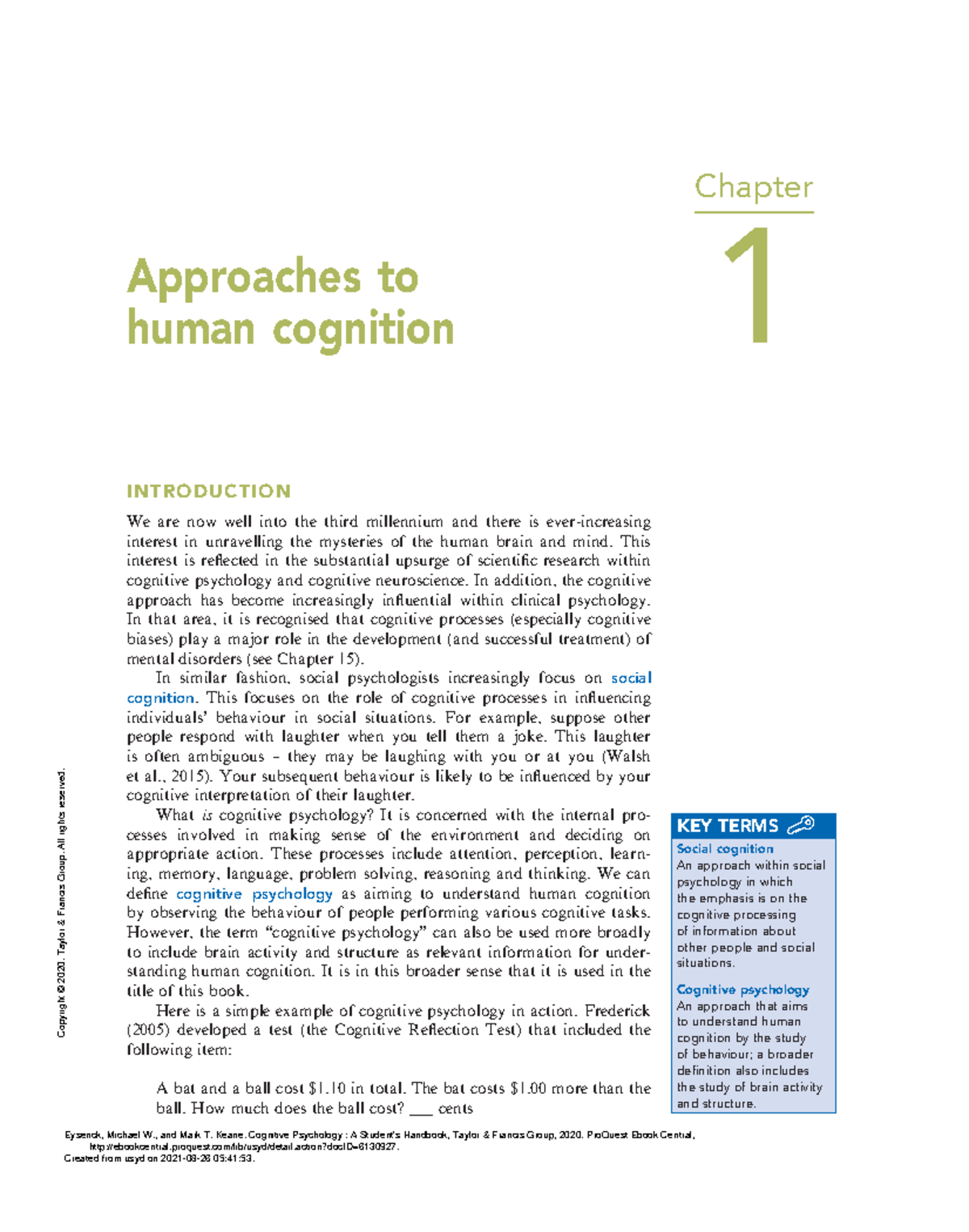 Cognitive Psychology A Student's Handbook - (Chapter 1 Approaches to ...