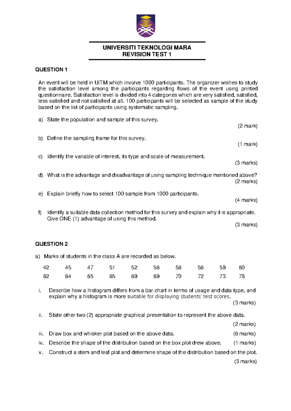 UiTM Revision Test 1: Event Satisfaction & Data Analysis Questions ...