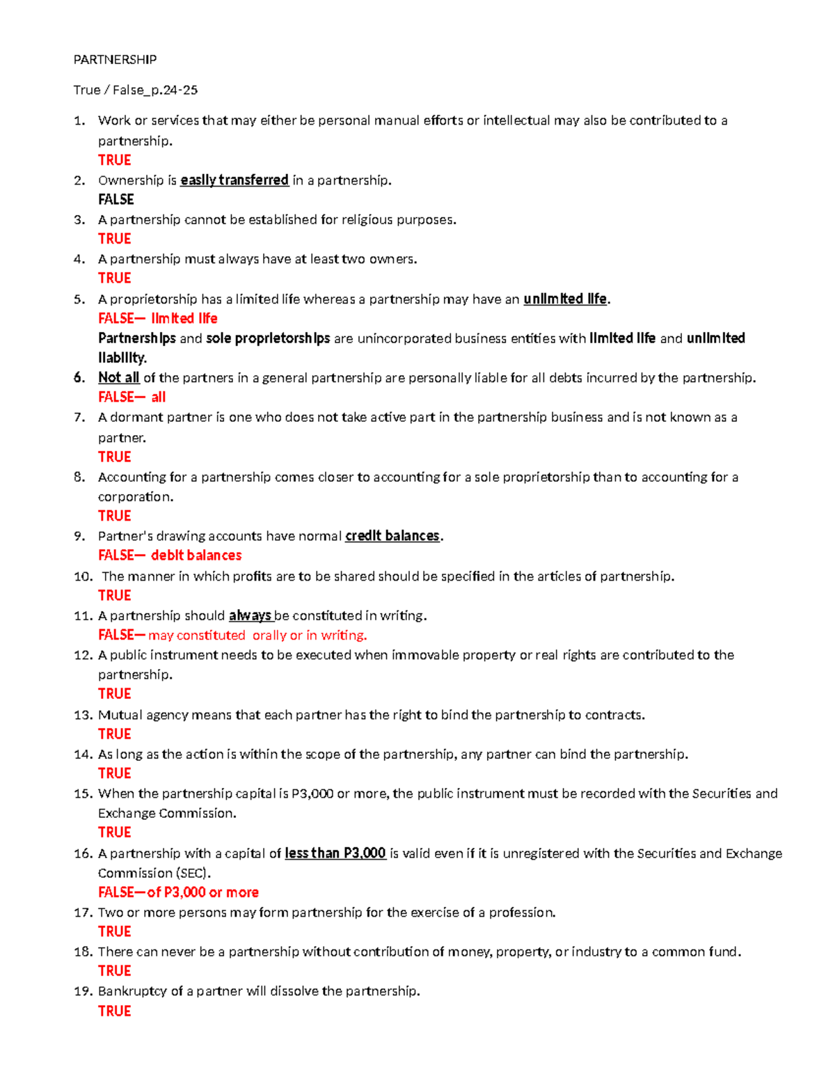 Chapter 1: Partnership Overview - True/False Assessment (05202024 ...