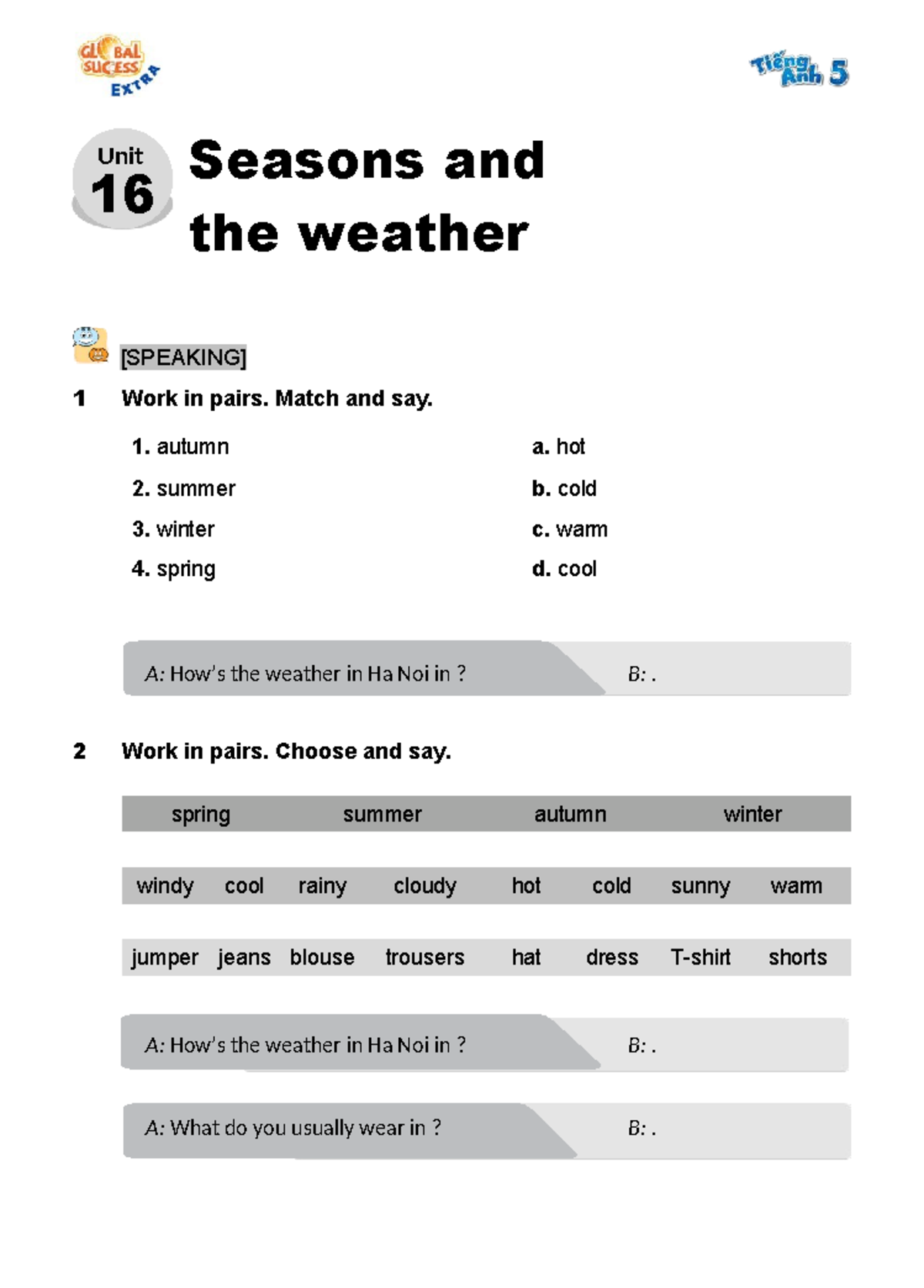 Unit 16 - Seasons and Weather: Pair Work & Test Activities - Studocu