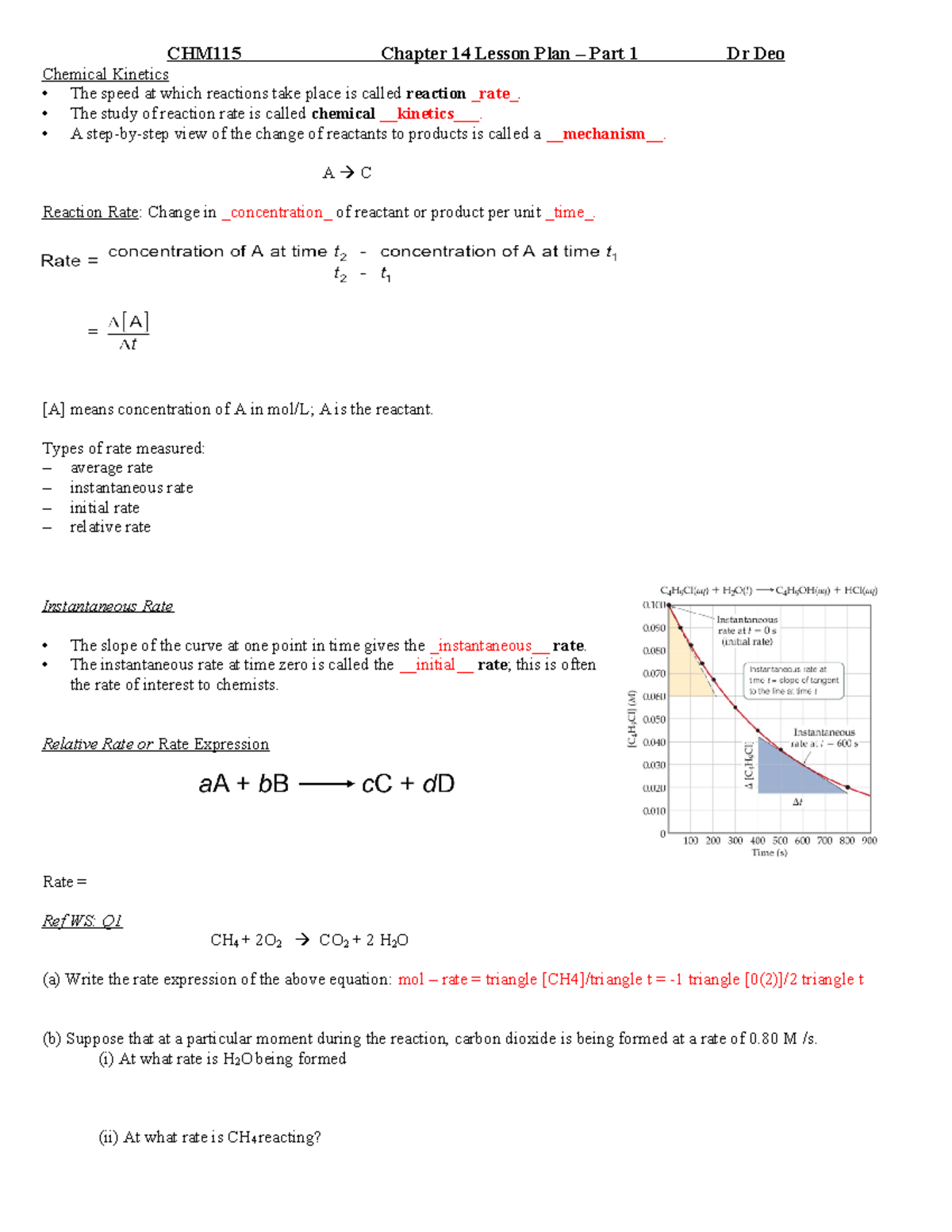CHM115 Chapter 14 Kinetics Lecture Plan and Key Concepts - Studocu