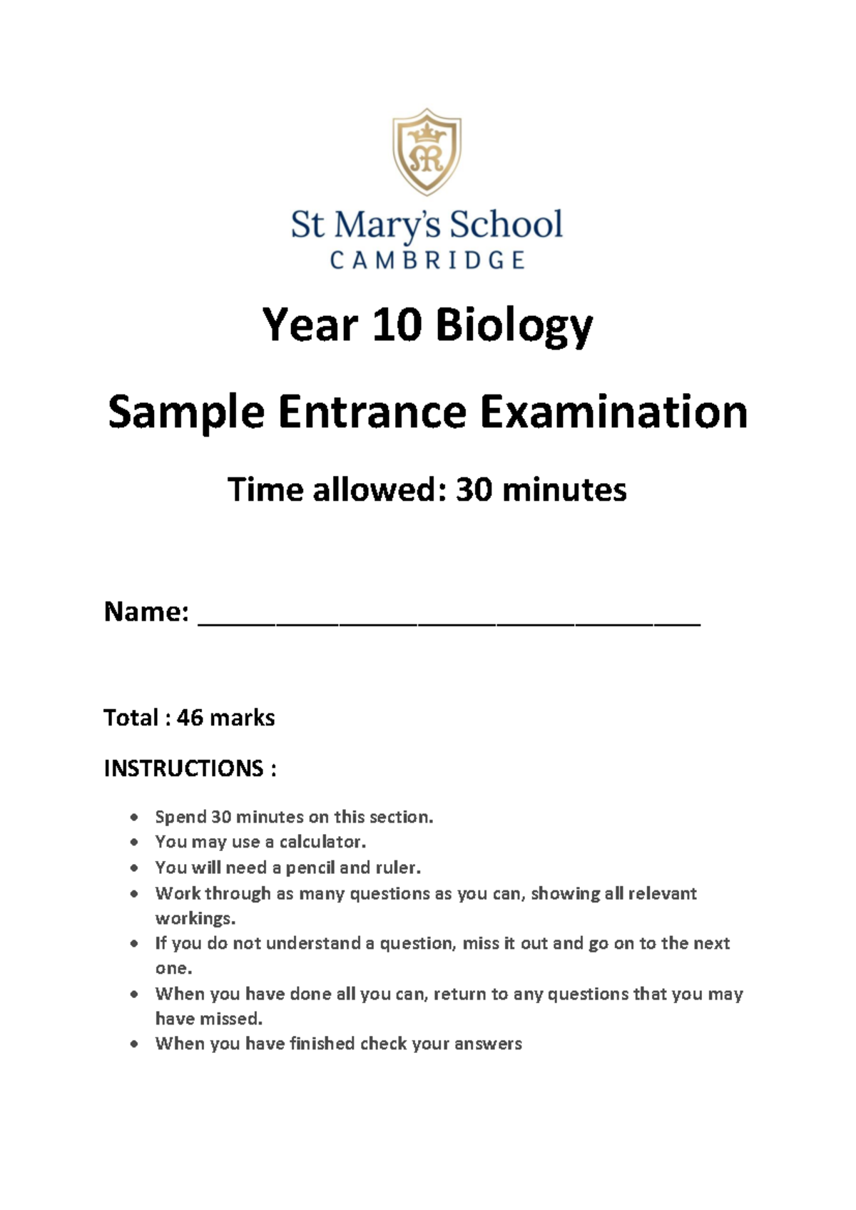 Bio prac - bio prac - Year 10 Biology Sample Entrance Examination Time ...