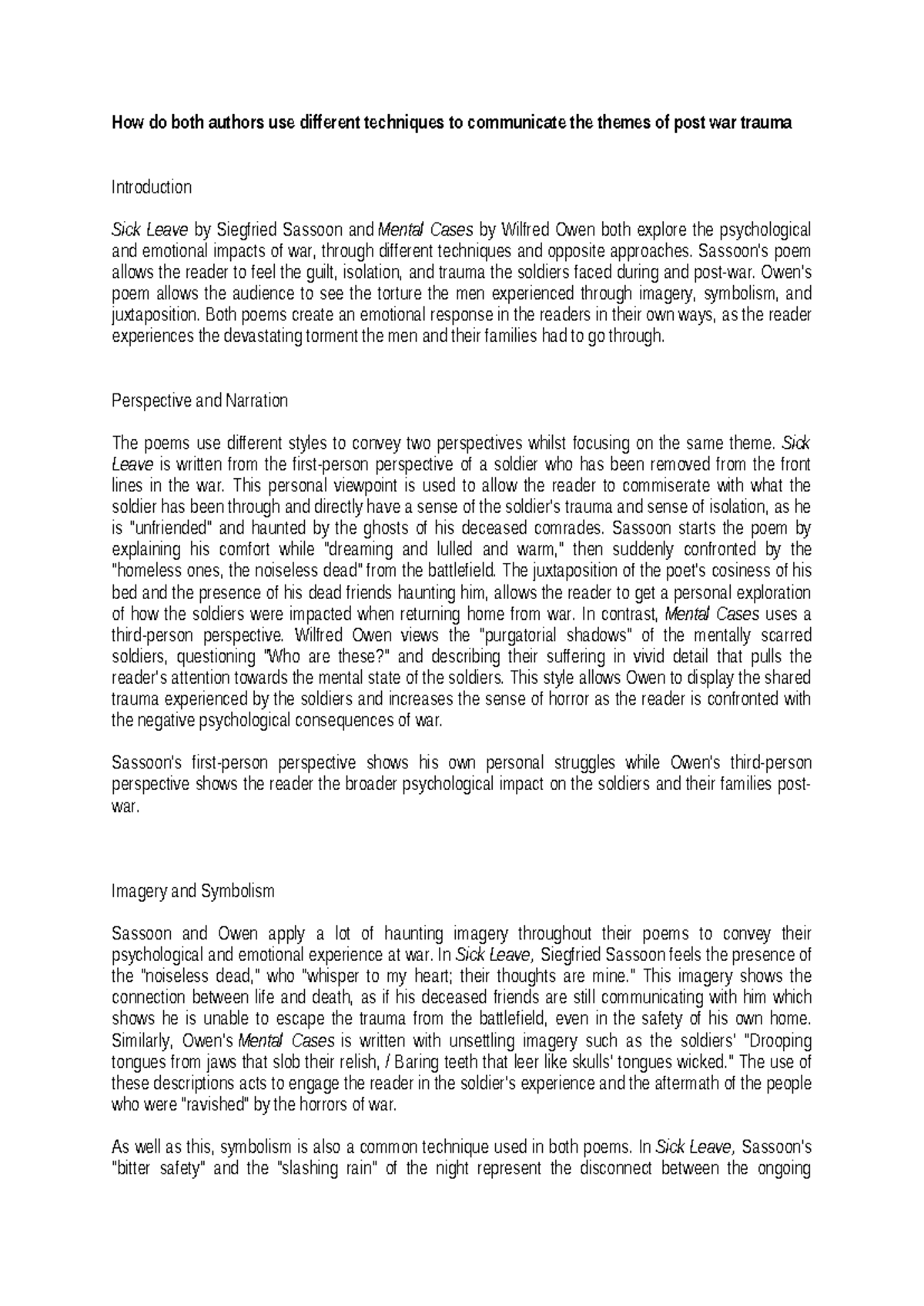 Comparative Analysis of Post-War Trauma in Sassoon & Owen (ENG 101 ...