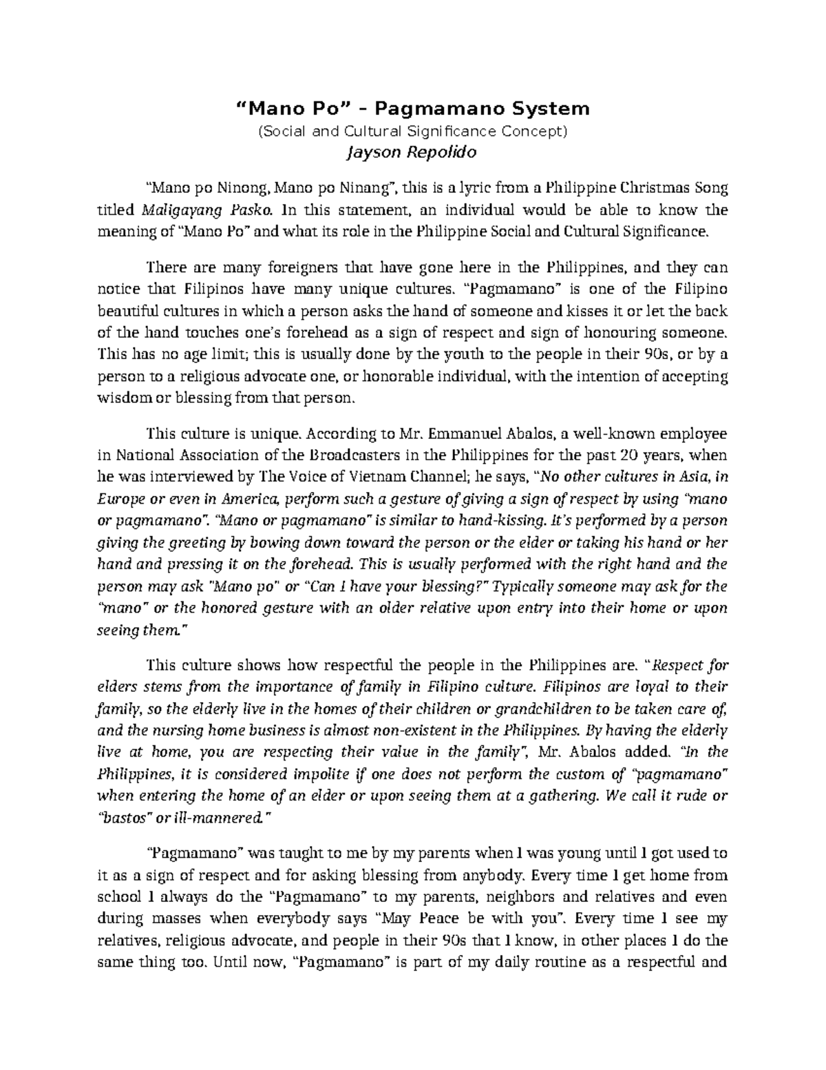 SOC101: The Significance of "Pagmamano" in Filipino Culture - Studocu