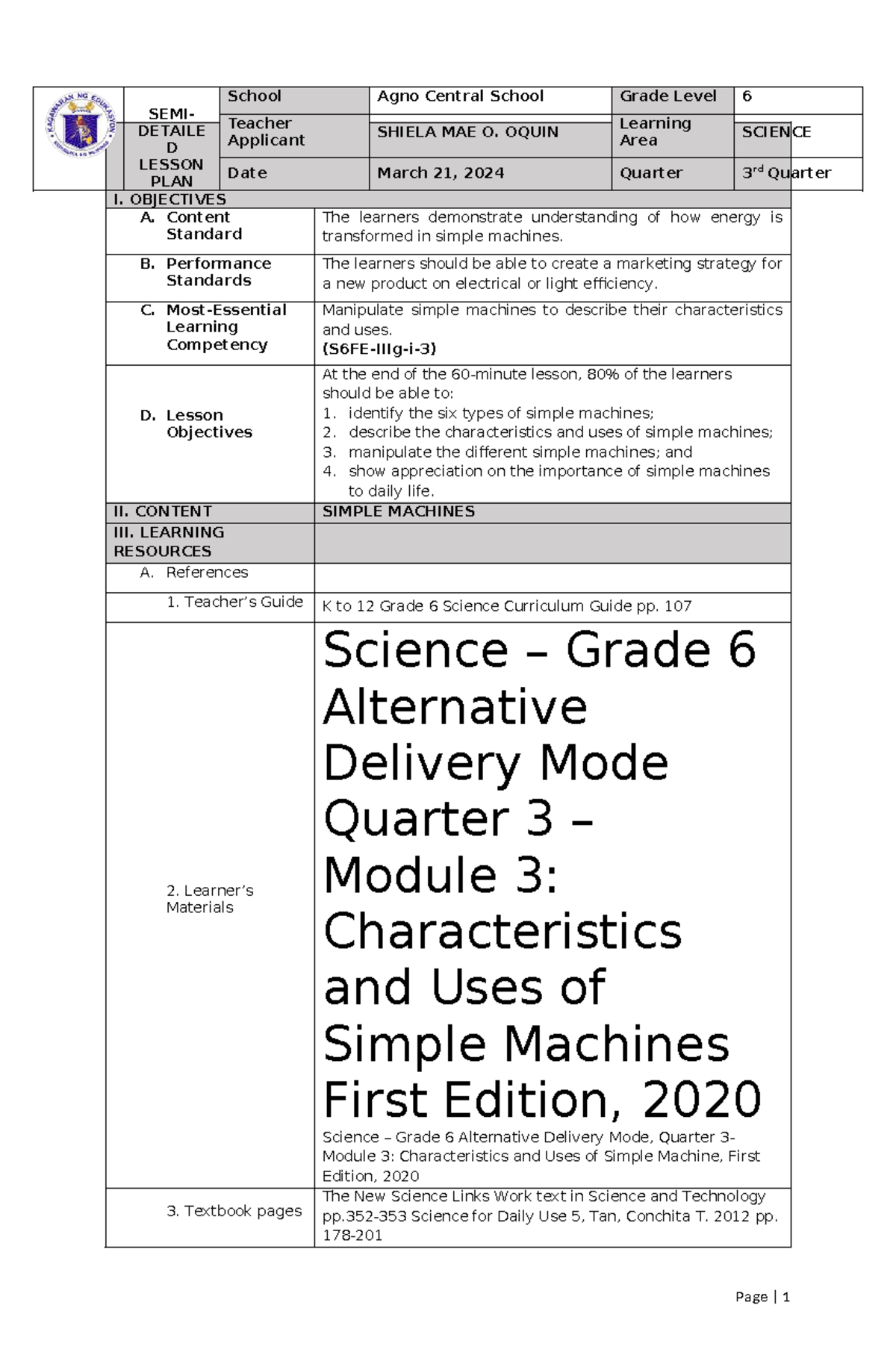 Grade 6 SEMI Detailed Lesson Plan on Simple Machines - Studocu
