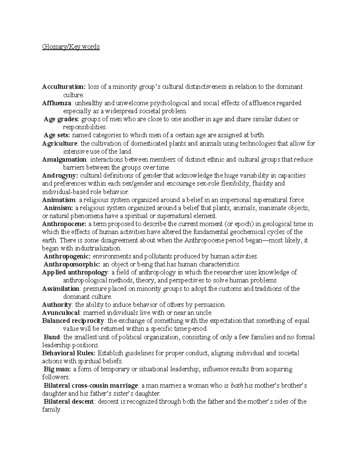 Anthropological Terms Glossary for Exam Preparation (ANTH 101) - Studocu
