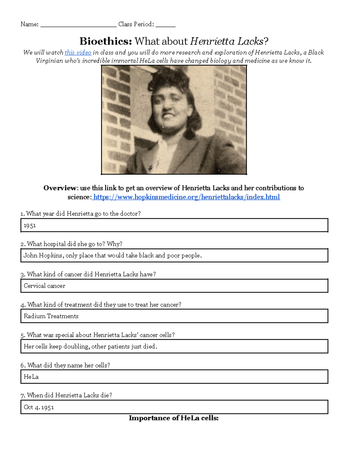 Bioethics Lesson: Exploring Henrietta Lacks and HeLa Cells - Studocu