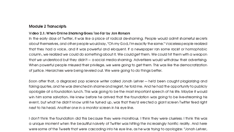 Module 2 Transcript: Jon Ronson on Online Shaming and Its Consequences ...