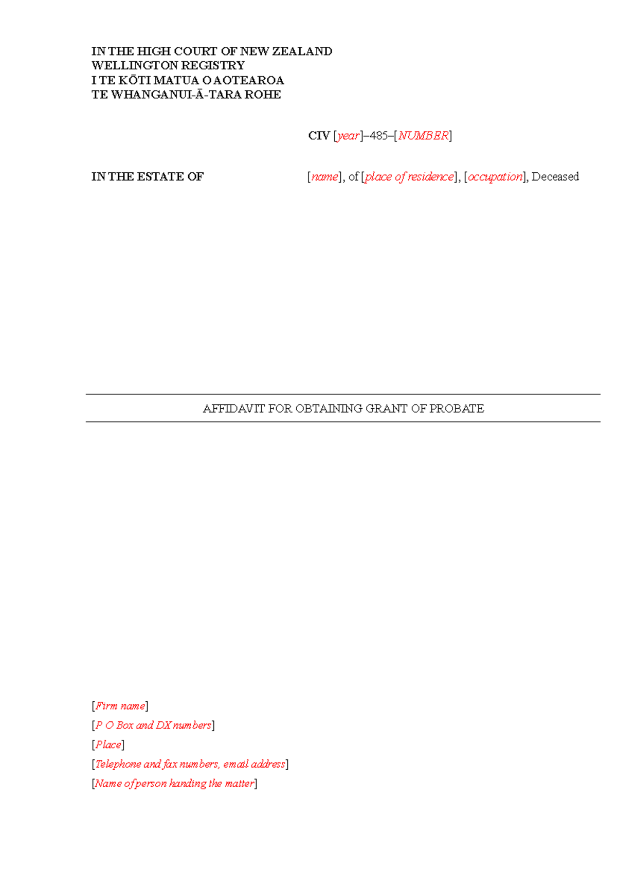 Affidavit for Grant of Probate - High Court of New Zealand - Studocu