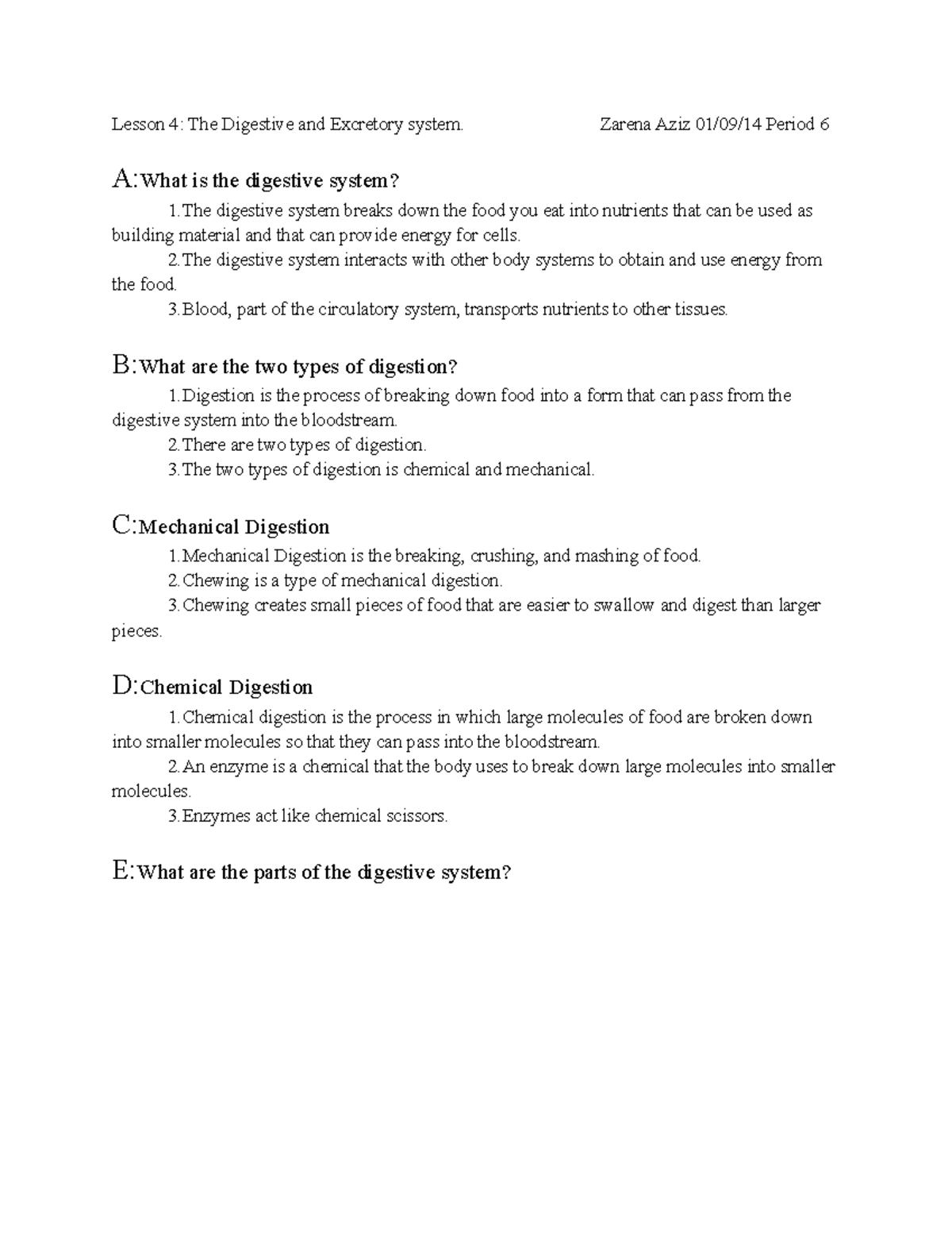 Science outline lesson 4 The digestive and excretory system - Lesson 4 ...