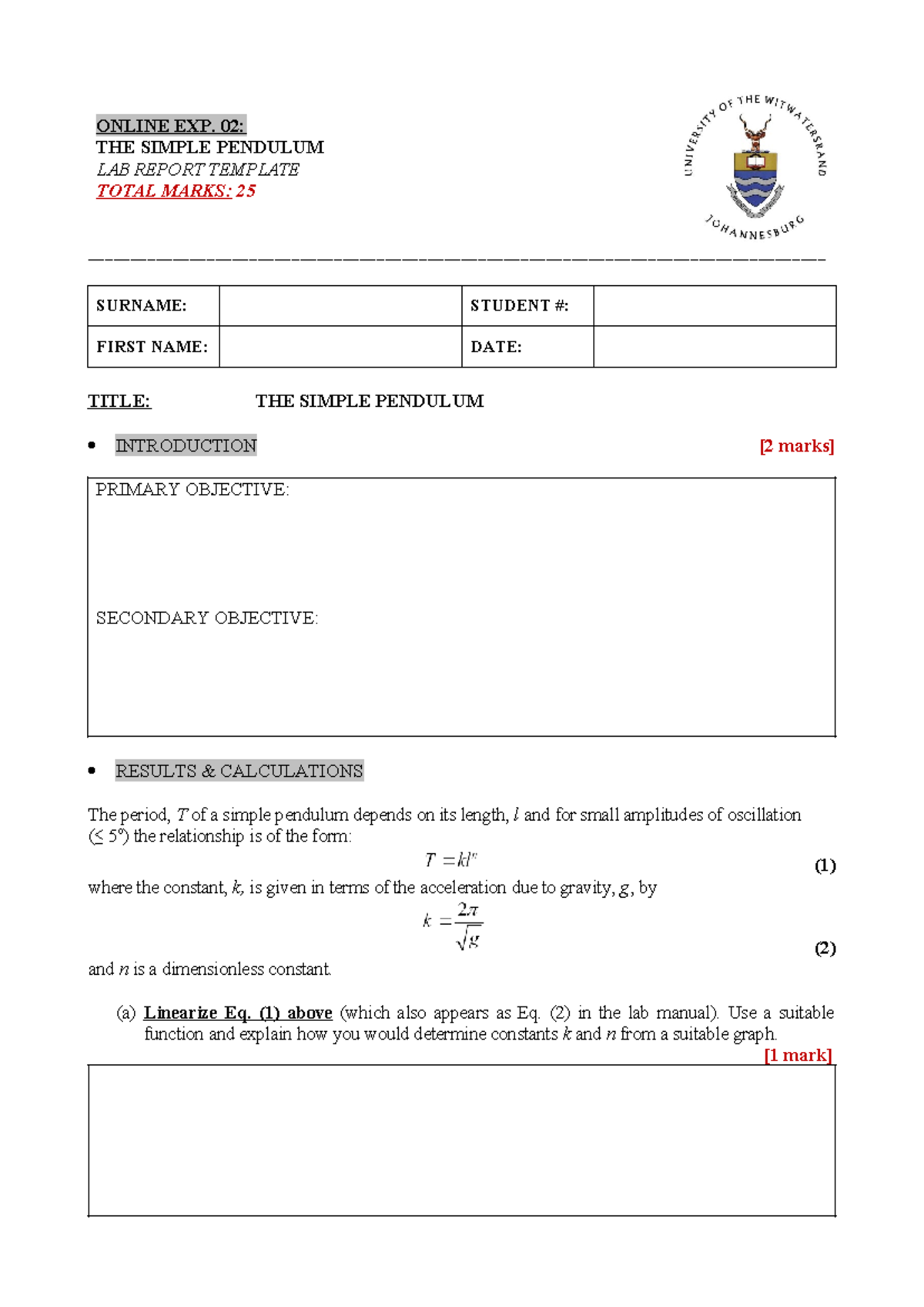 ONLINE EXP. 02: SIMPLE PENDULUM LAB REPORT TEMPLATE - Studocu
