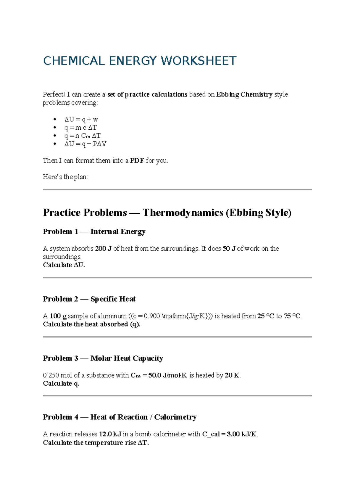 CHEM 102 Thermodynamics Practice Worksheet: Ebbing Style Problems - Studocu