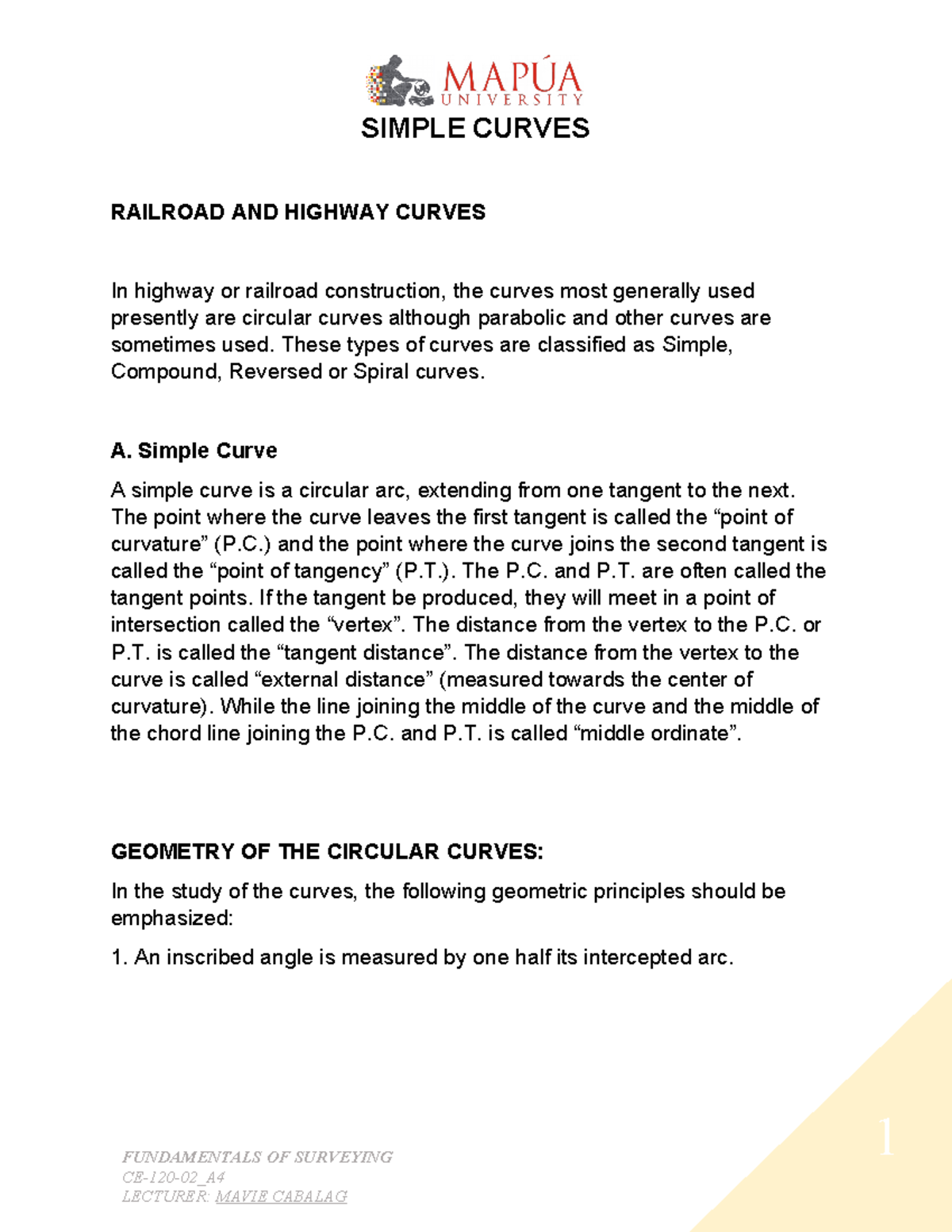 Simple Curves in Surveying - CE-120-02_A Detailed Study Guide - Studocu