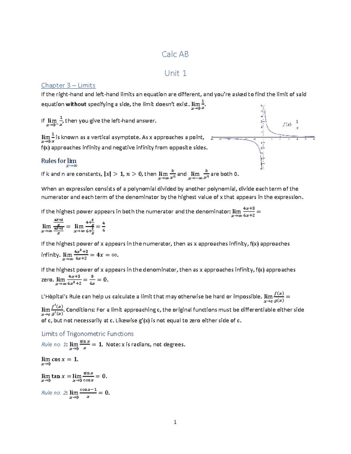 Calc AB - Final Exam Study Notes on Limits and Derivatives - Studocu