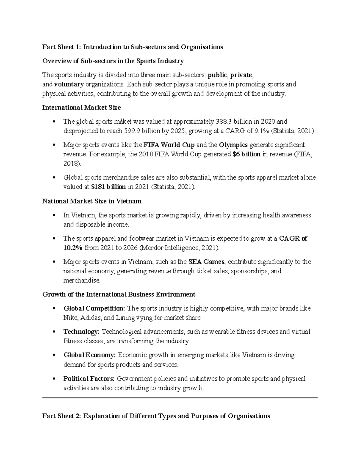 Fact Sheet 1: Overview of Organizations in the Sports Industry - Studocu