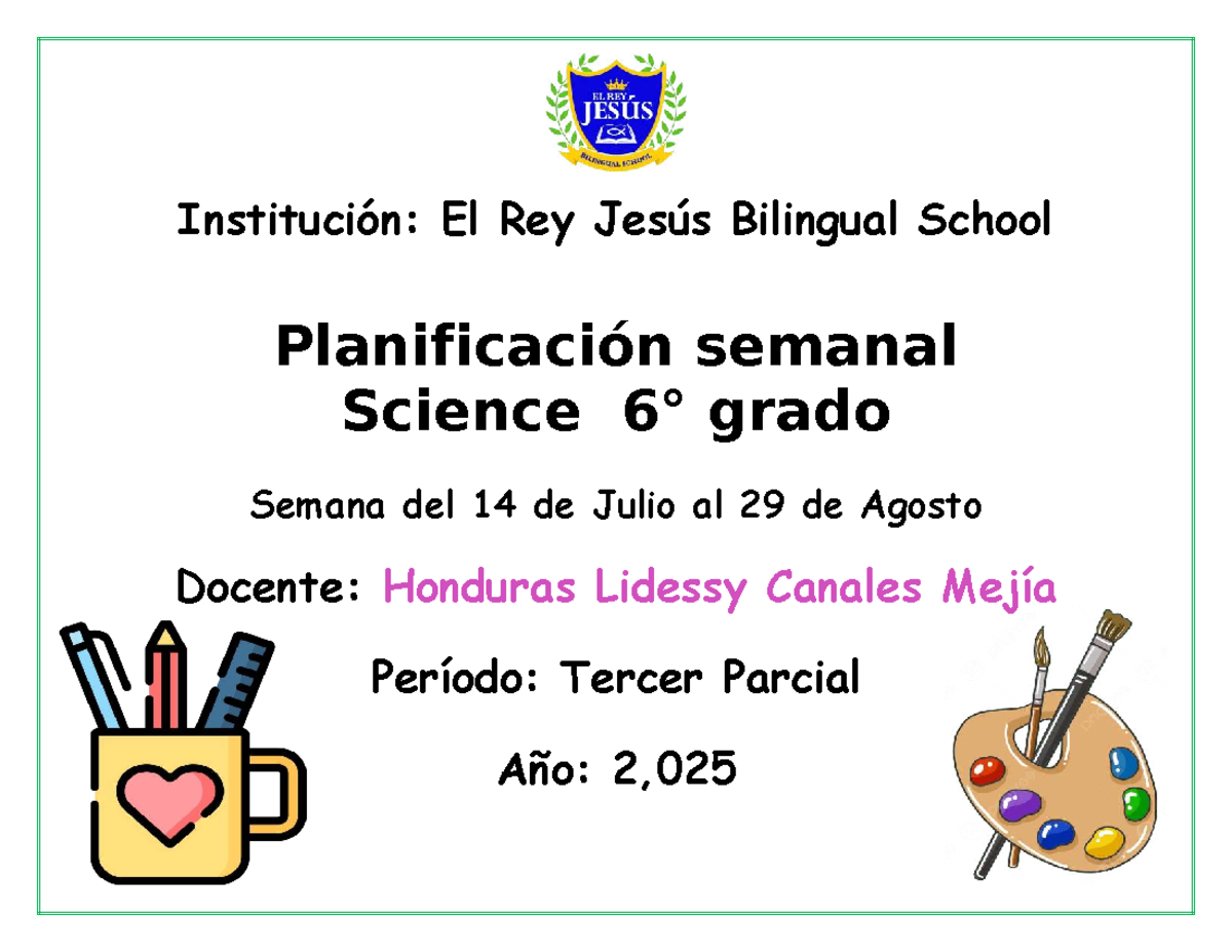 Planificación Semanal de Ciencias Naturales 6to Grado - Rey Jesús ...