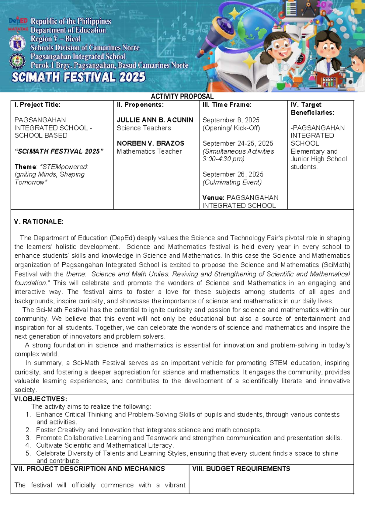 Activity Proposal: SciMath Festival 2025 - Pagsangahan Integrated ...