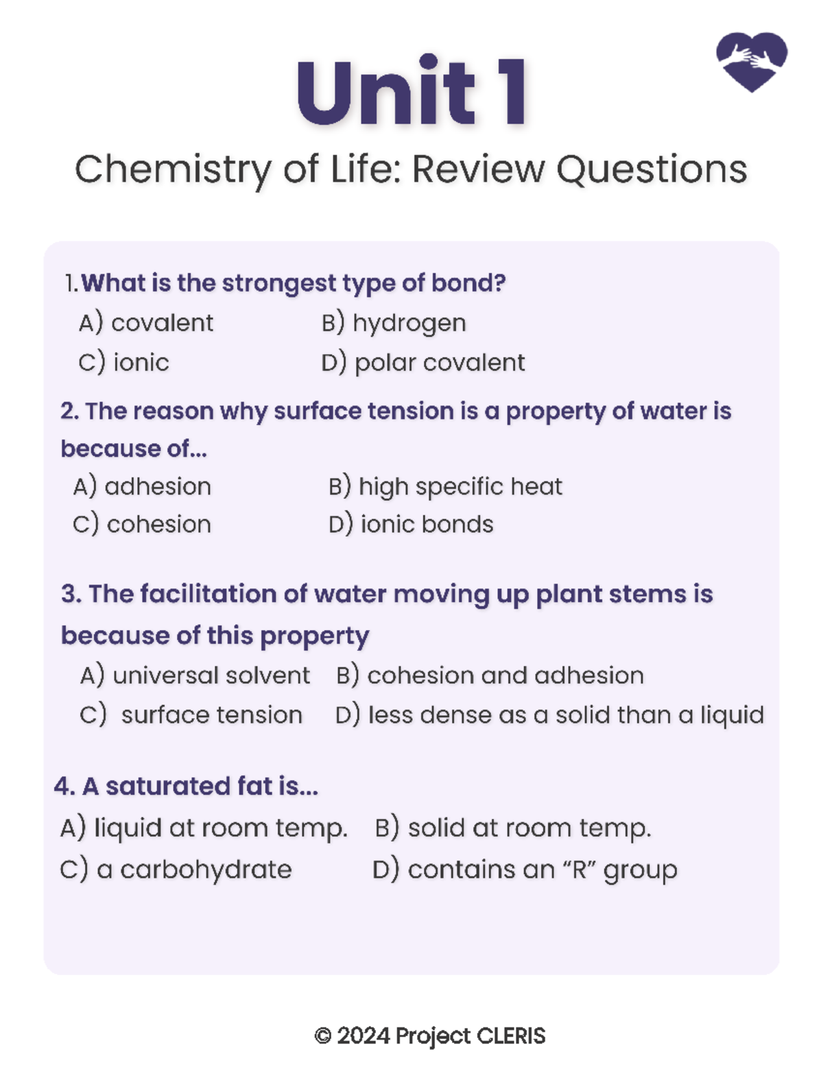 AP Biology Unit 1 Review: Chemistry of Life Practice Questions - Studocu