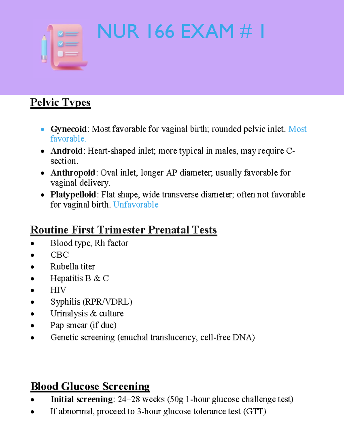 NUR 166 Exam 1 Study Guide: Pelvic Types & Prenatal Tests - Studocu