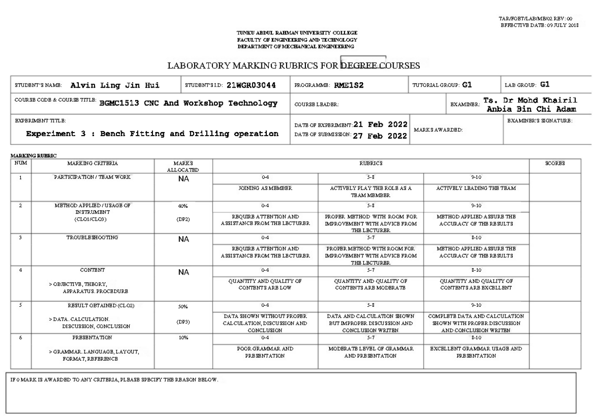Experiment 3: Bench Fitting & Drilling Operation - BGMC1513 Report ...