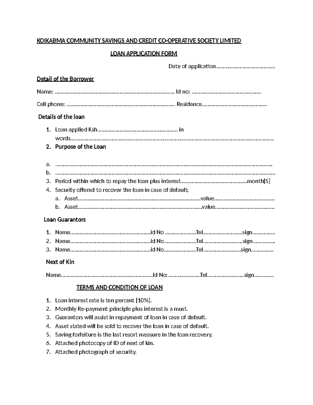 KOIKABMA COMMUNITY SAVINGS LOAN APPLICATION FORM - Studocu