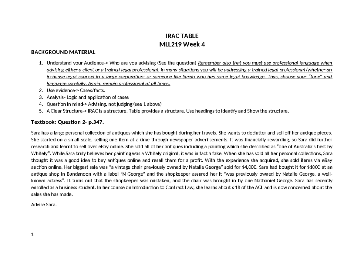 MLL219 Week 4 IRAC Planning Table & Sample Answers for Sara's Case ...