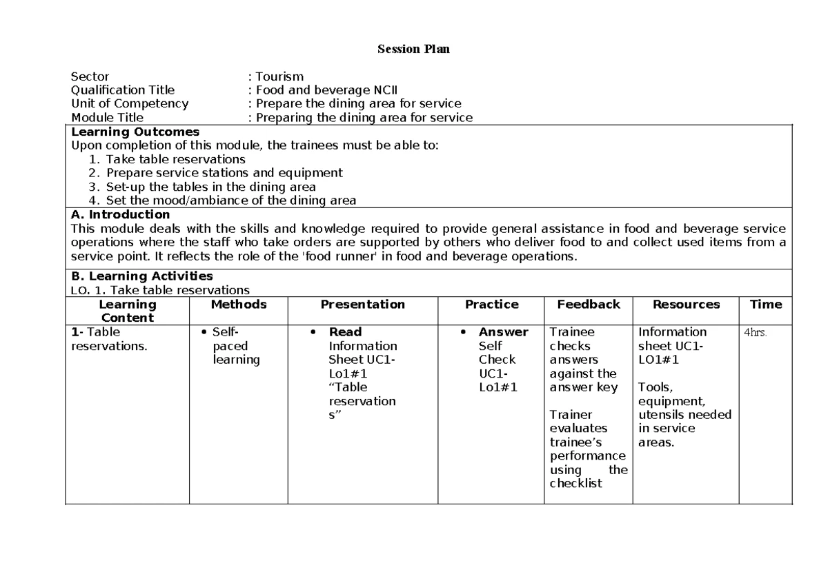 Session Plan FBS UC2 - Session Plan Sector : Tourism Qualification ...