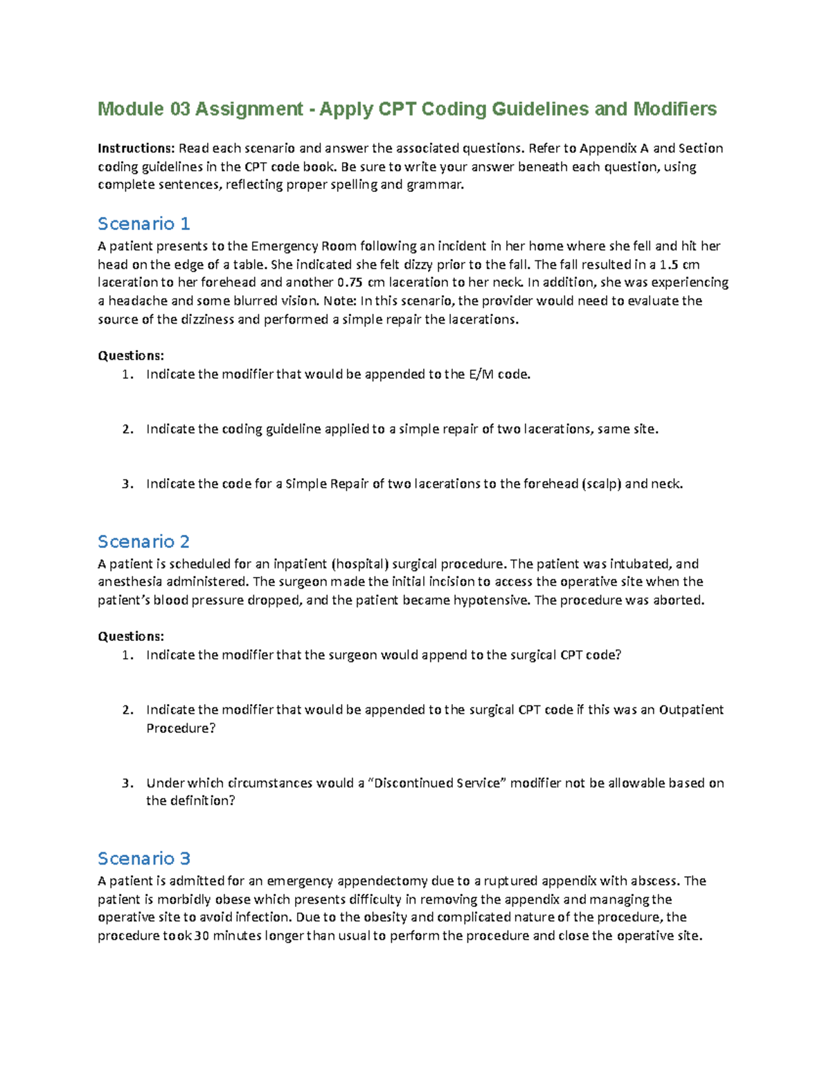 Module 03 Assignment Worksheet - Module 03 Assignment - Apply CPT Coding Guidelines and ...