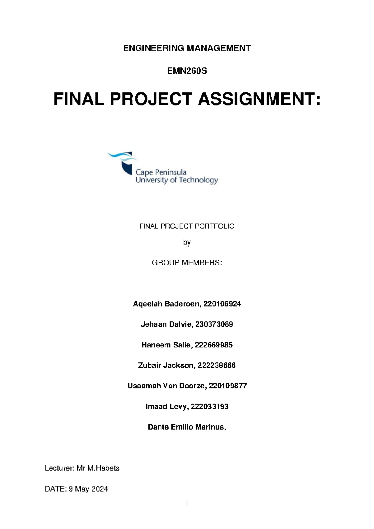 EMN260S Final Project Portfolio: CPUT Pipeline Replacement Project ...