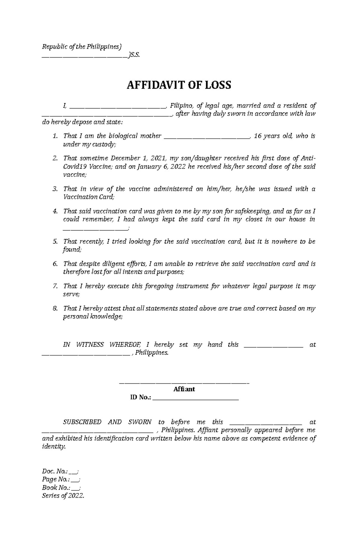 Affidavit of Loss for Vaccination Card - Legal Document - Studocu