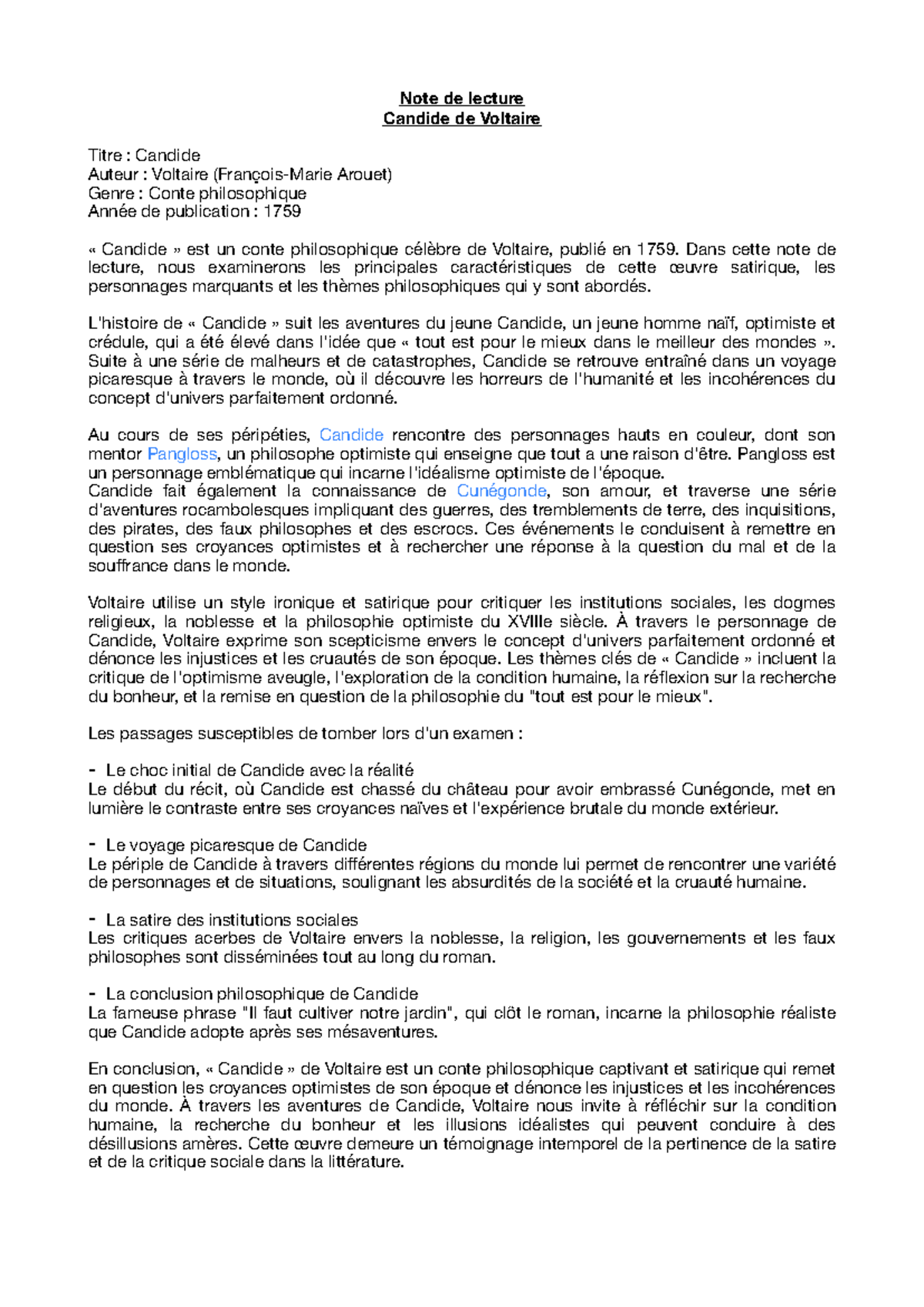 Candide de Voltaire - Résumé de l’œuvre - Note de lecture Candide de ...
