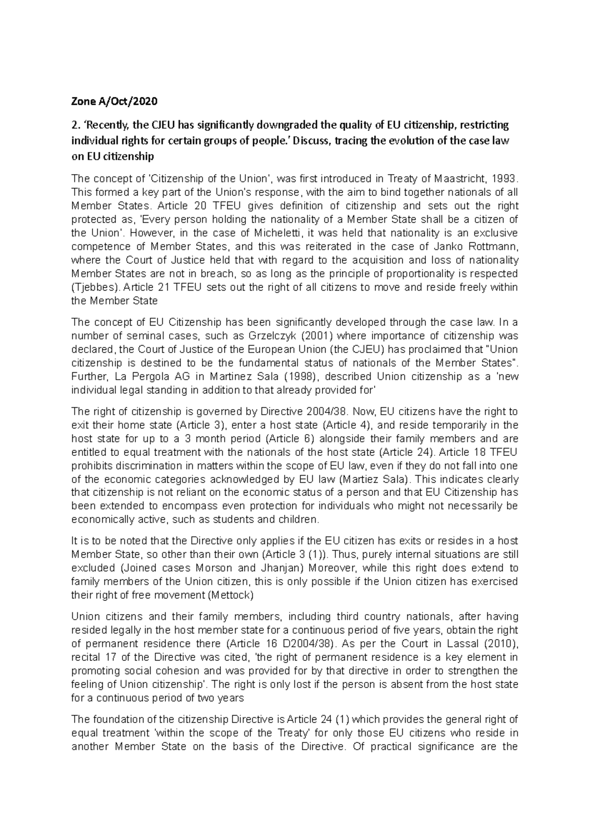 EU Citizenship: Legal Evolution & Impacts - Essay D2004/38 - Studocu
