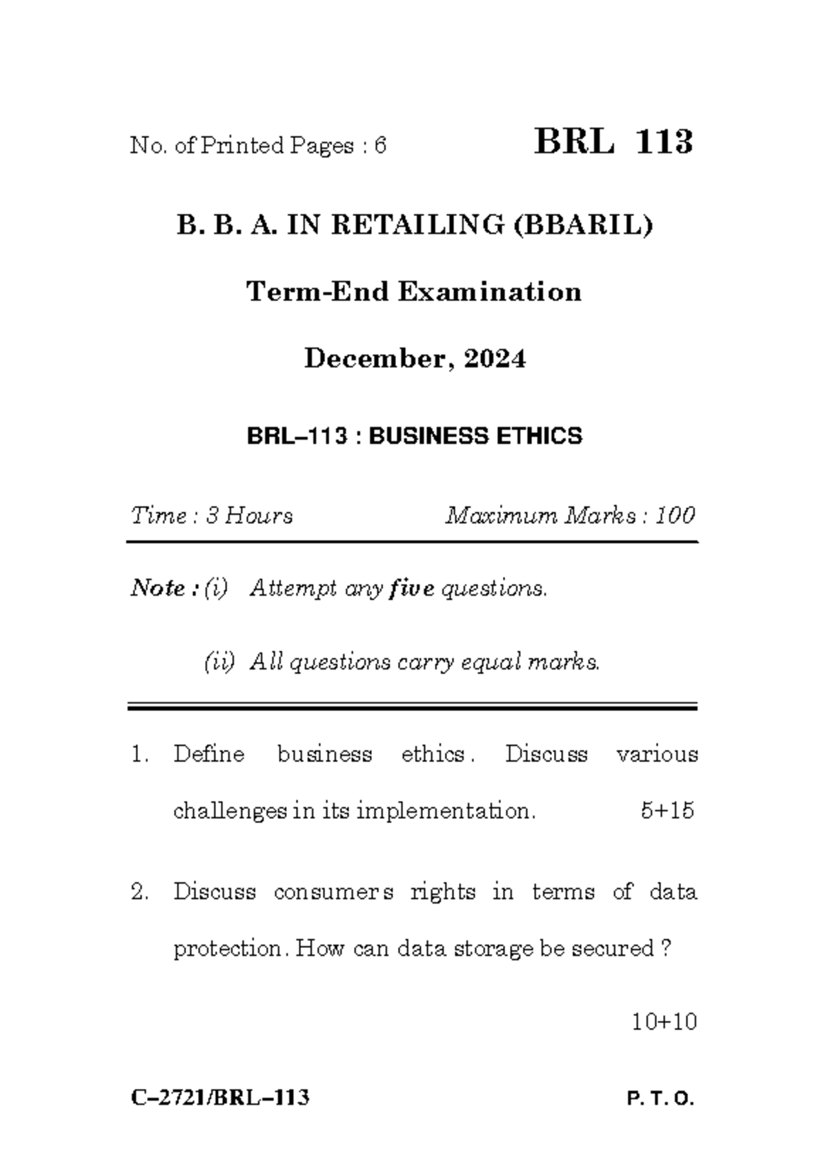 BBA in Retailing (BBARIL) - Business Ethics Exam QP Dec 2024 - Studocu