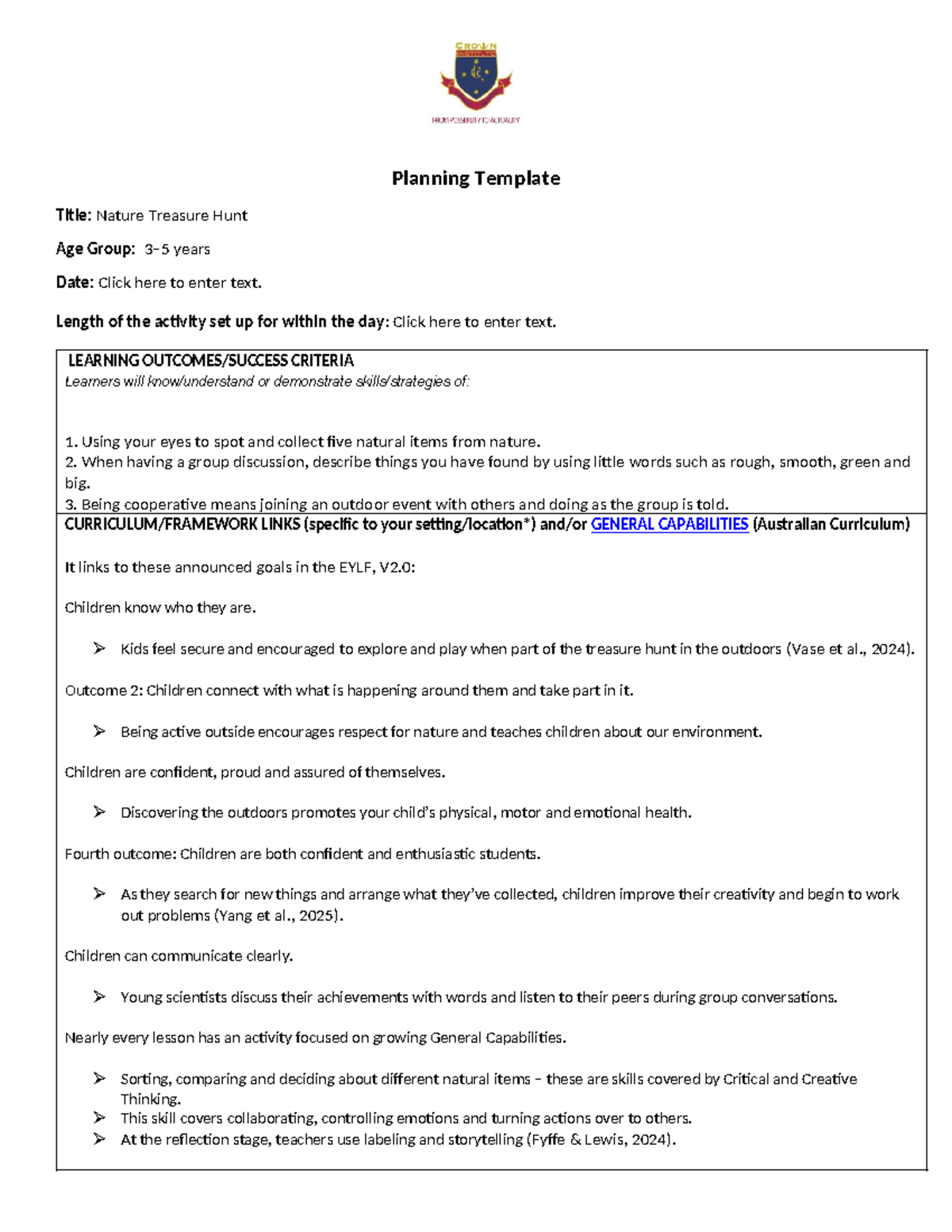 Nature Treasure Hunt Planning Template for Early Years (EYLF ...