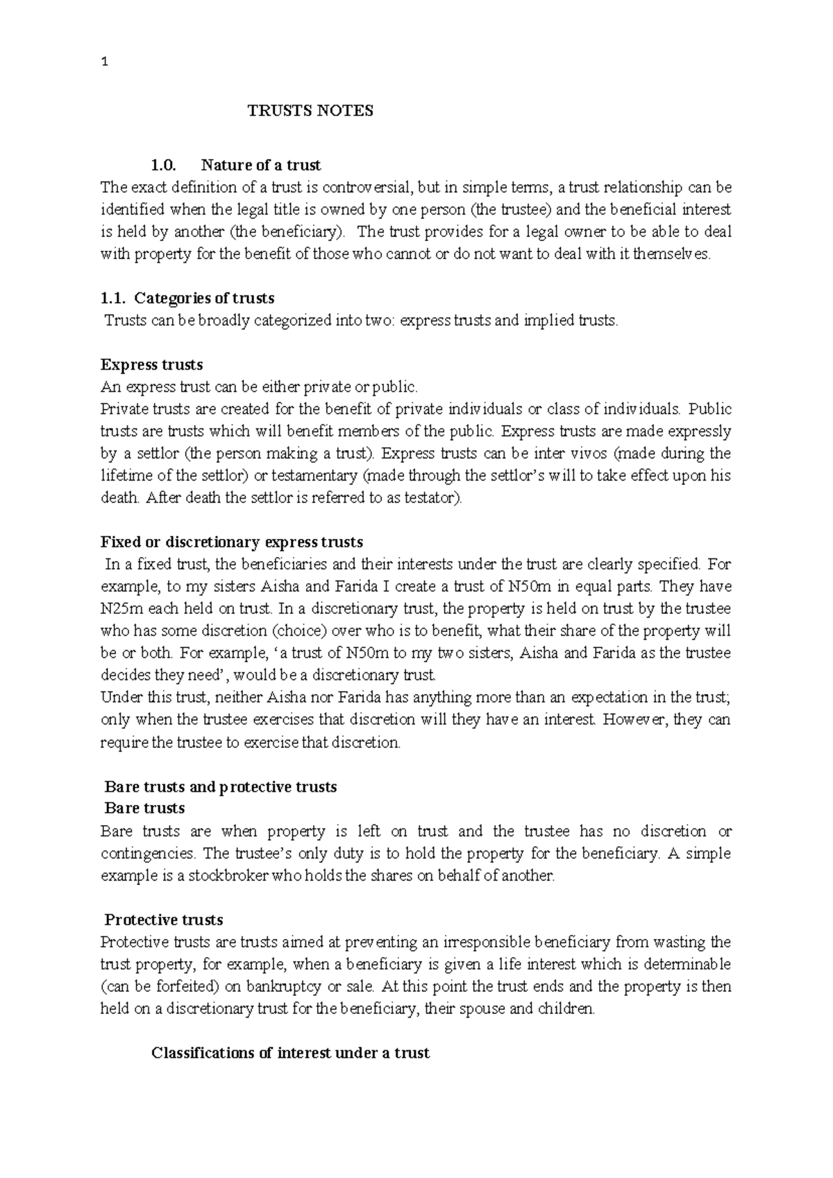 Trusts Notes for 400L Students: Understanding Trusts and Their ...