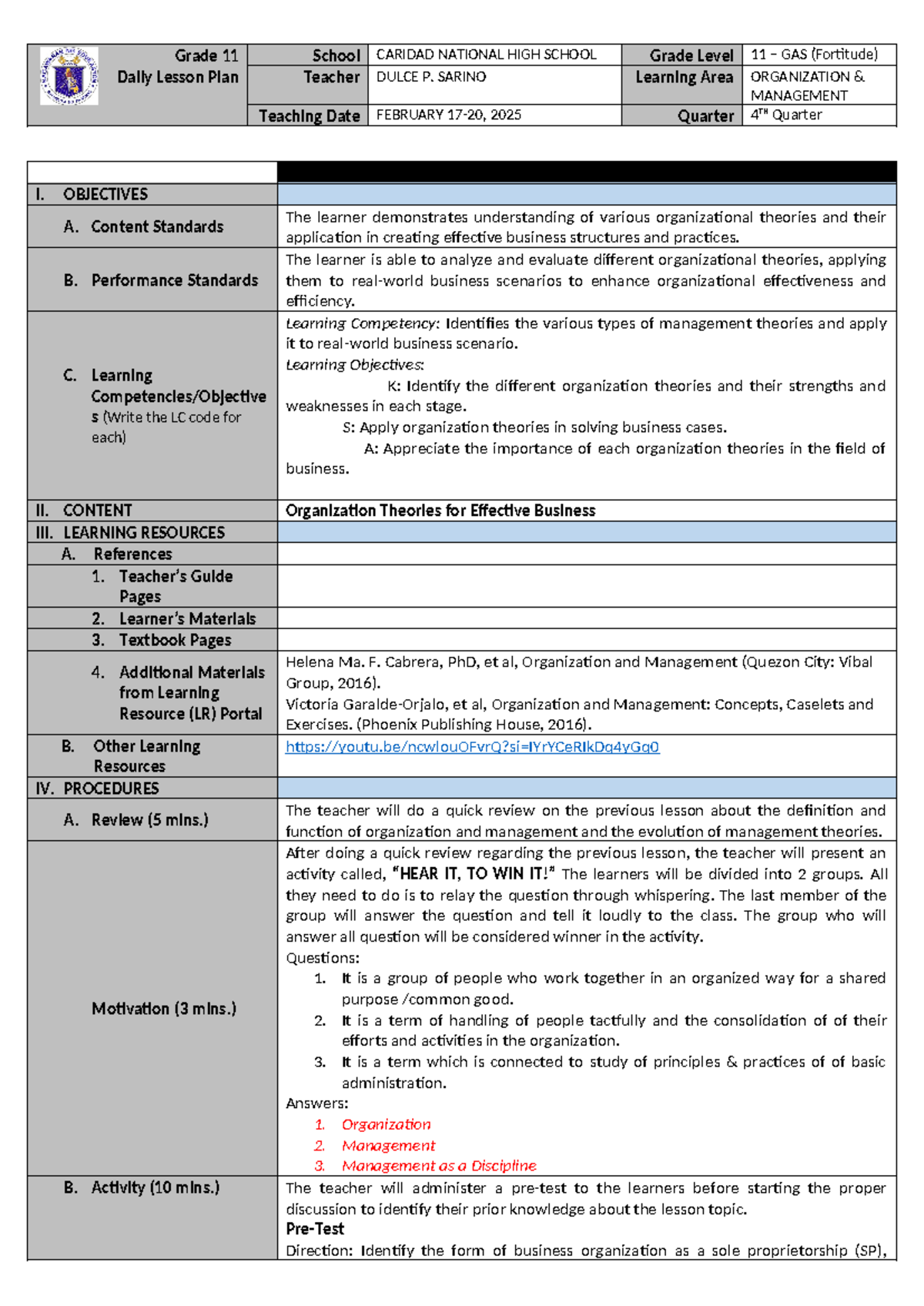 Grade 11 GAS Daily Lesson Plan: Organization Theories & Business ...