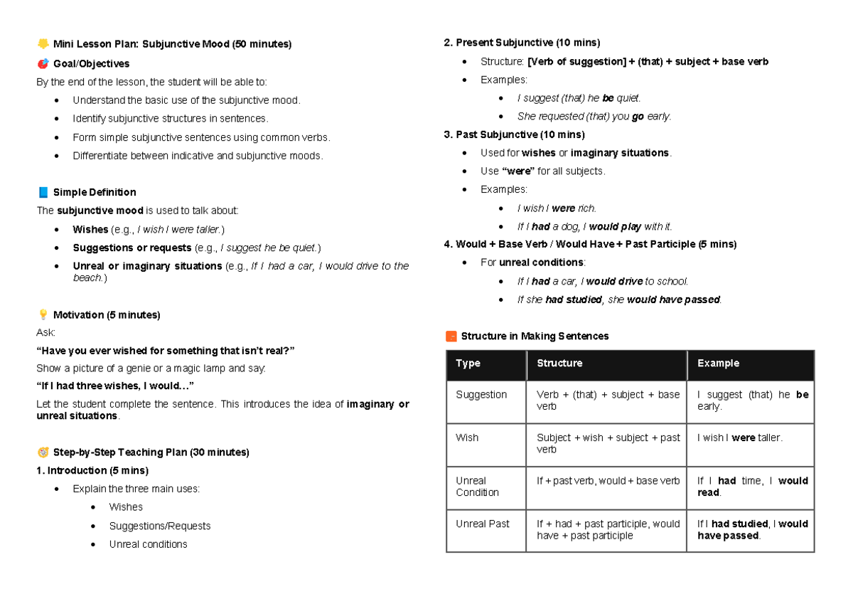 Mini Lesson Plan: Subjunctive Mood & Reported Speech (50 mins) - Studocu