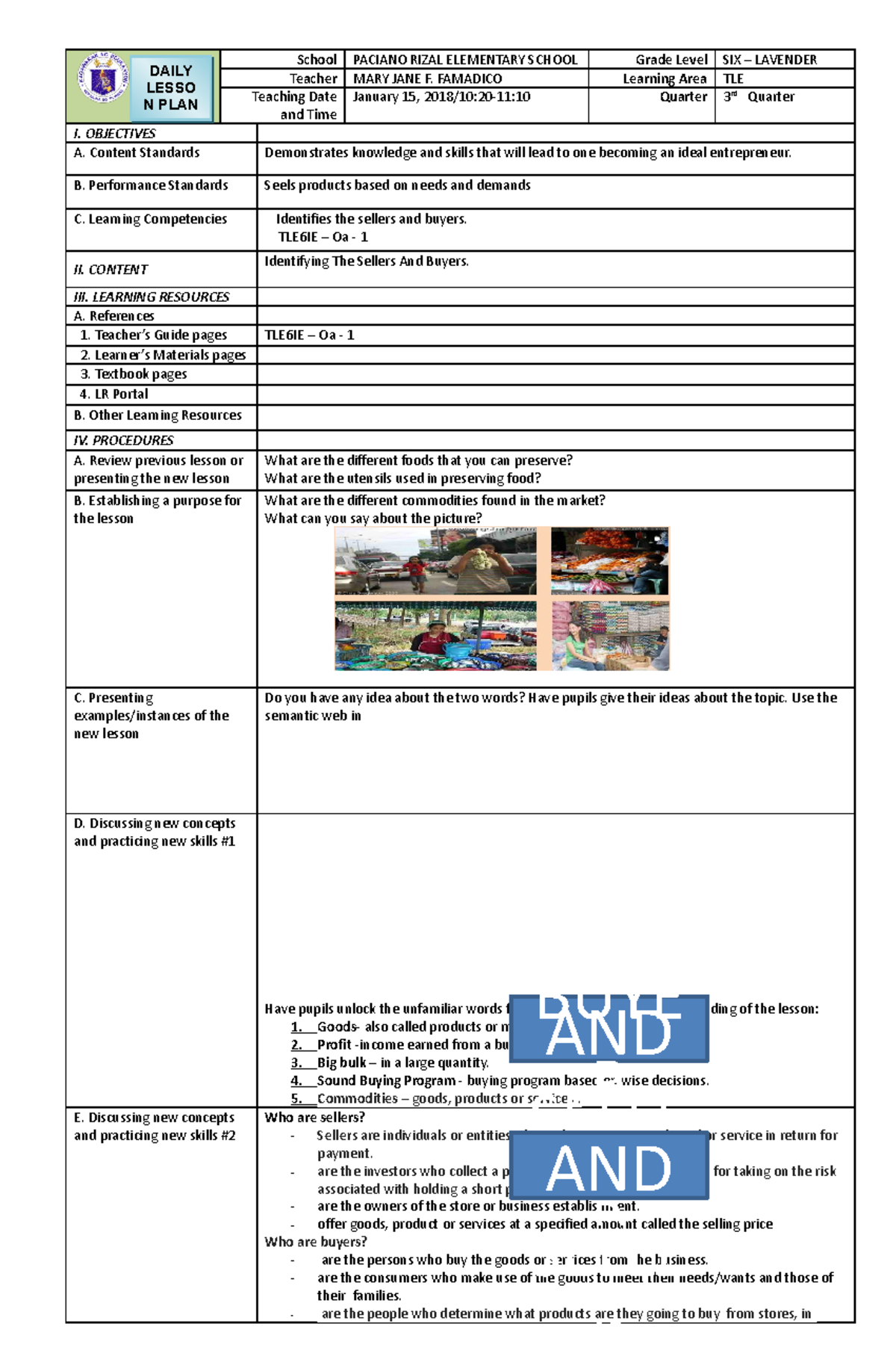 TLE6IE - Oa - 1 Lesson Plan: Identifying Sellers and Buyers - Studocu