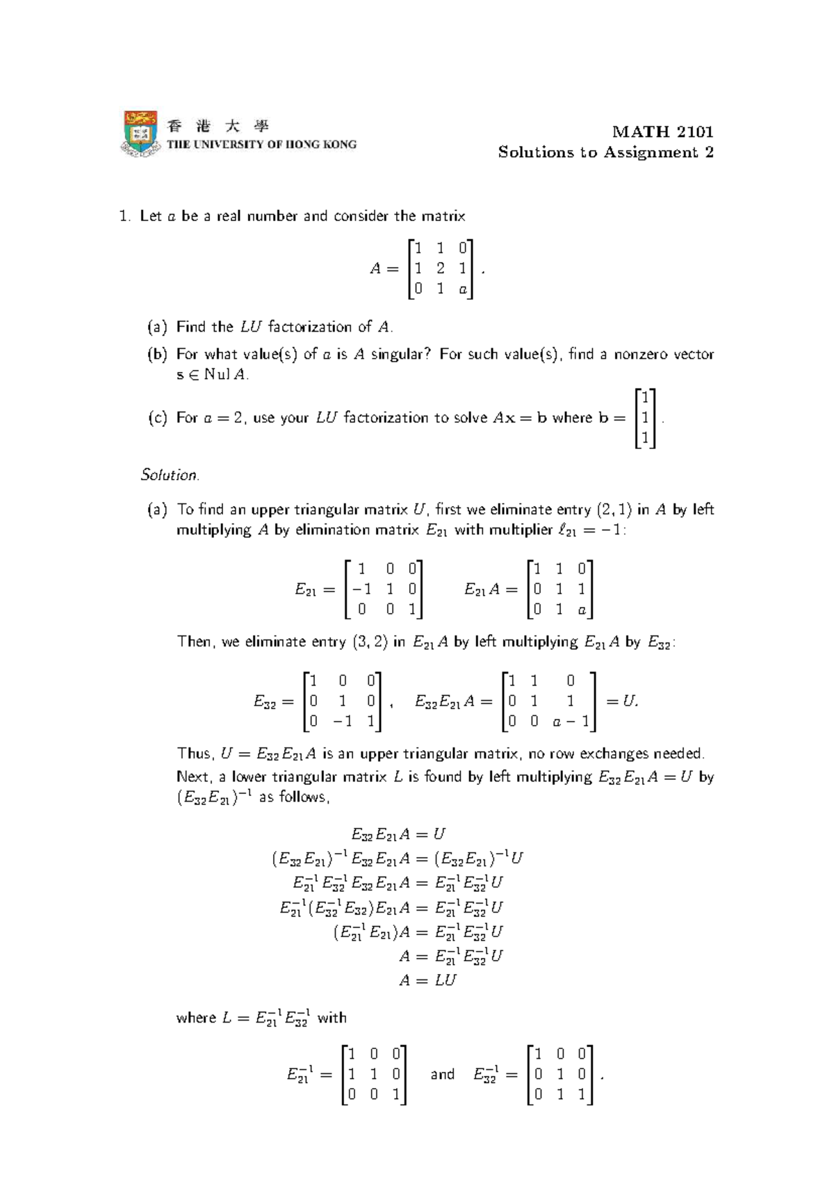 MATH 2101 HW2 Solutions: LU Factorization & Null Space Analysis - Studocu