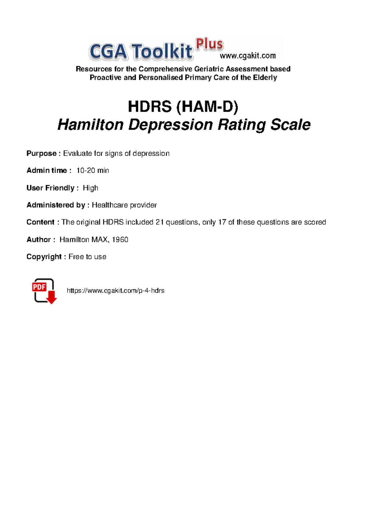 HDRS - Comprehensive Geriatric Assessment & Depression Scale - Studocu