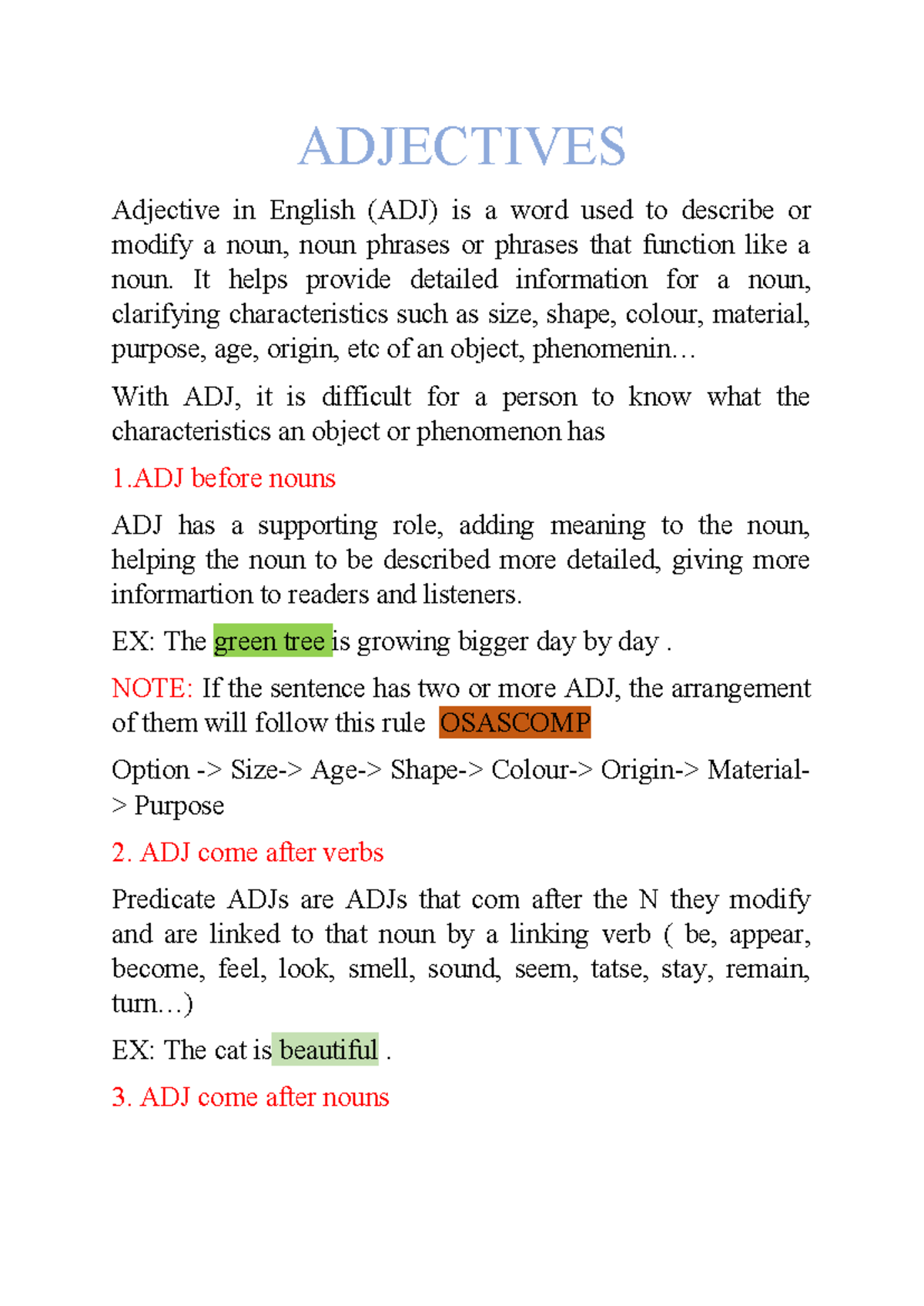 Adjective Usage and Functions in English (ADJ) - Studocu