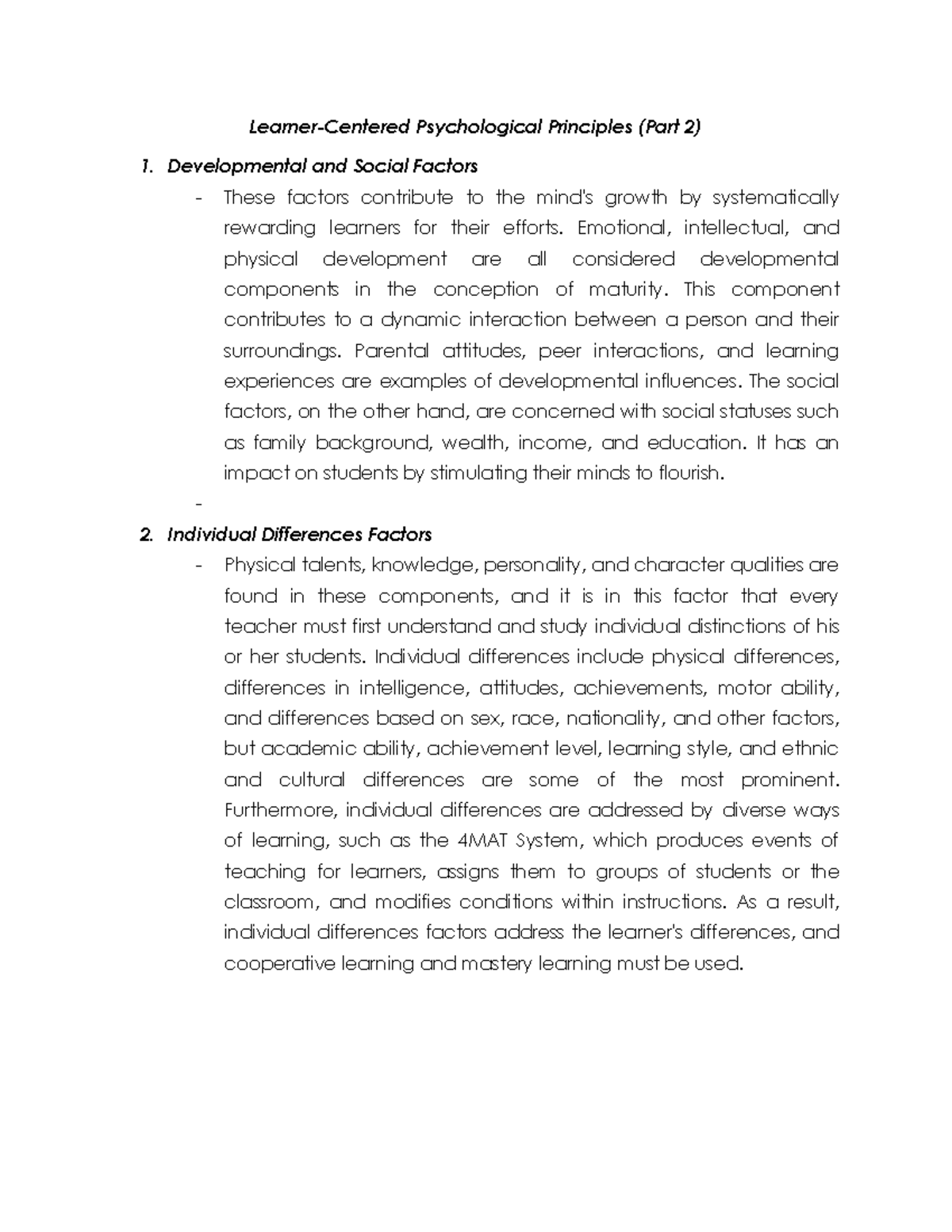 Learner-Centered Psychological Principles: Development & Individual ...