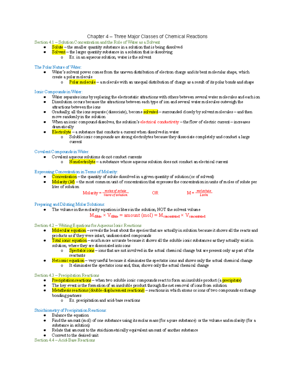 Chemistry 101: Chapter 4 Notes on Chemical Reactions and Solutions ...